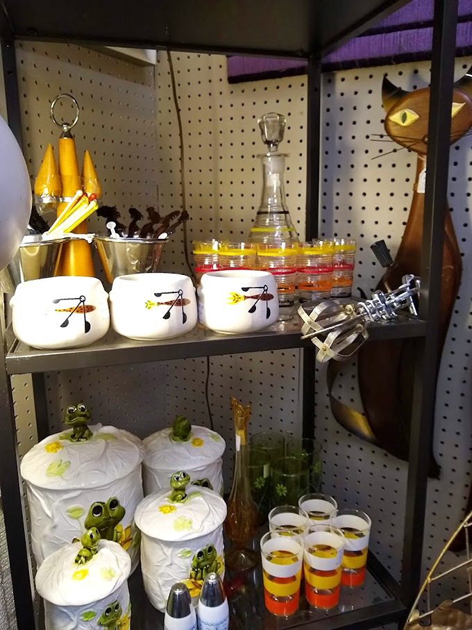 Whimsical ceramic canisters with frog motifs sit alongside colorful glassware &ndash; kitsch has never looked so tempting or collectible.