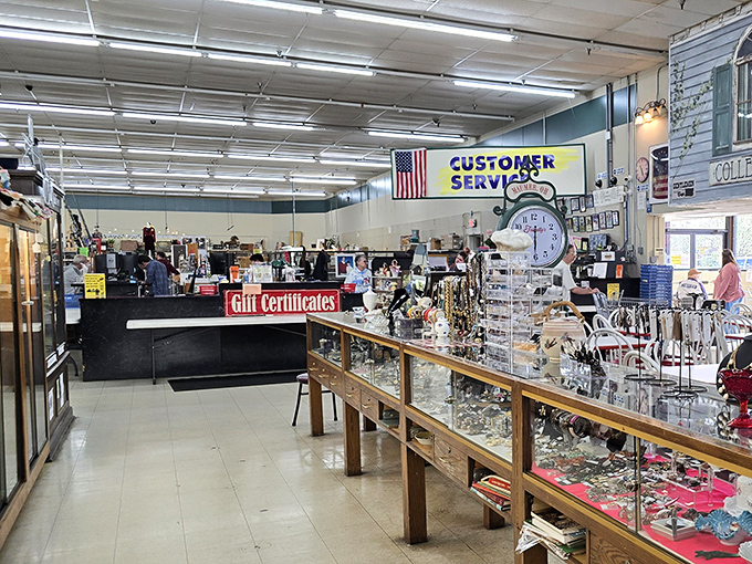 The customer service counter, where treasure hunters can pause their expeditions to purchase that perfect find or inquire about booth rentals.