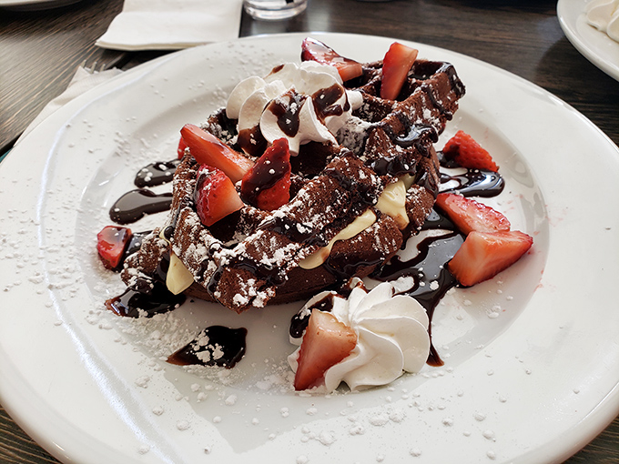 Dessert or breakfast? Yes. These chocolate waffles topped with fresh strawberries and cream are what your inner child and sophisticated adult palate can finally agree on.