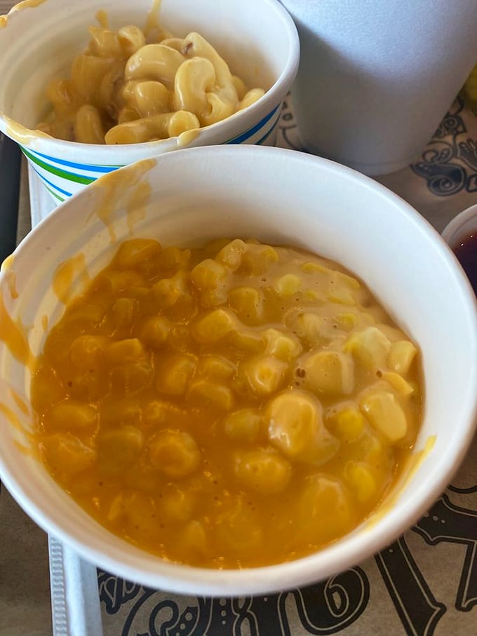 Cheesy corn that makes vegetables relevant at a barbecue joint – creamy, sweet kernels that complement the smoky meat perfectly.