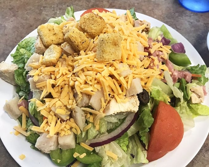 A chef salad that actually looks like someone who cooks for a living made it &ndash; generous, colorful, and not apologizing for that glorious cheese.