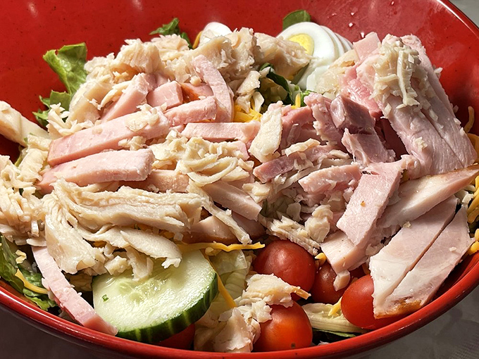 A chef's salad so generous it could feed a small village. Proof that "eating healthy" doesn't have to mean tiny portions or flavor sacrifice.
