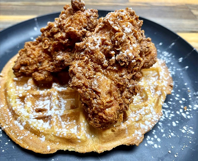 Fried chicken atop a golden waffle&mdash;a sweet and savory combination that proves breakfast and dinner should hang out more often.