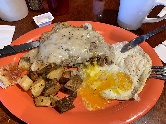 Chicken fried steak smothered in country gravy&mdash;comfort food that hugs you from the inside out while sunny-side eggs add a cheerful hello.