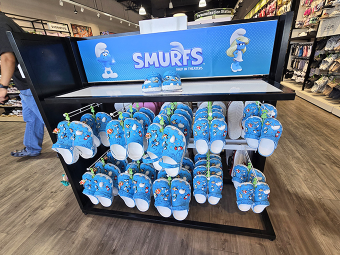 Smurf-blue clogs march across the display, proving that even in the desert, you can find footwear that's both whimsical and wildly comfortable.