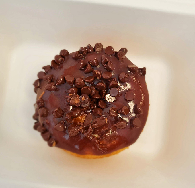 Chocolate lovers, rejoice! This chocolate-glazed donut studded with chocolate chips is what happens when "too much chocolate" isn't in your vocabulary.