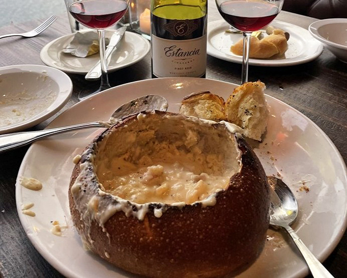 Clam chowder in a sourdough bread bowl &ndash; California's answer to comfort food. The bowl itself becoming increasingly delicious as it soaks up that creamy goodness.