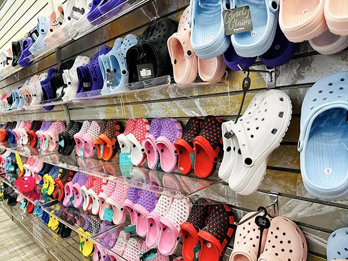 The Croc wall—where comfort meets questionable fashion in every color imaginable. Your feet and wallet will thank you; your fashion-forward friends might not.