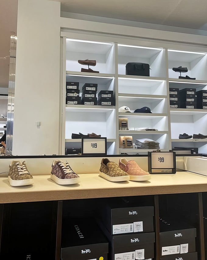 Coach's minimalist display showcases timeless style at not-so-timeless prices. These aren't just accessories—they're investments with immediate returns in compliments.