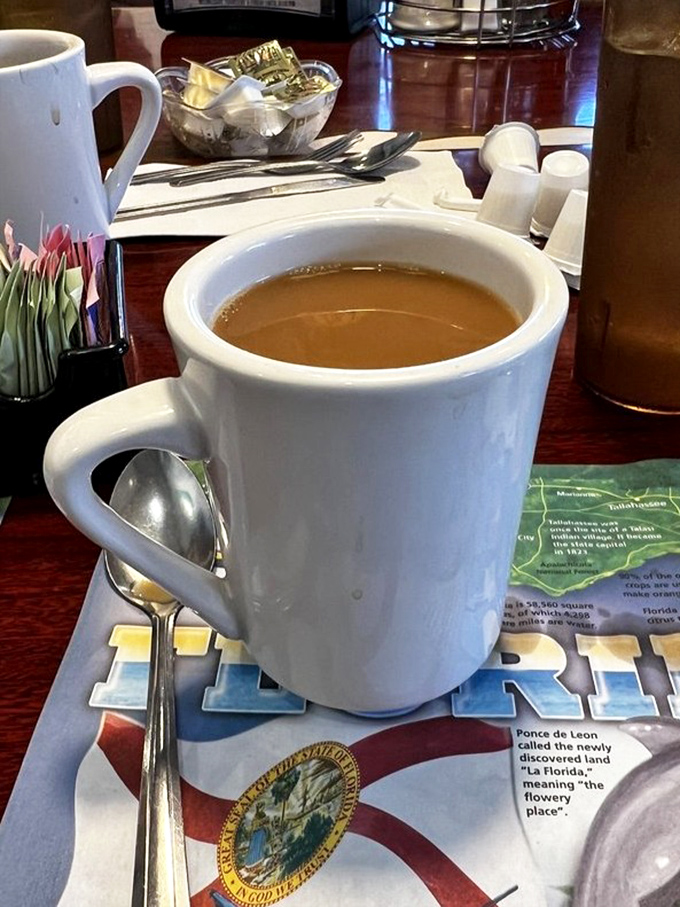 Coffee served Florida-style: strong enough to wake you up, served on a placemat that teaches you state history.