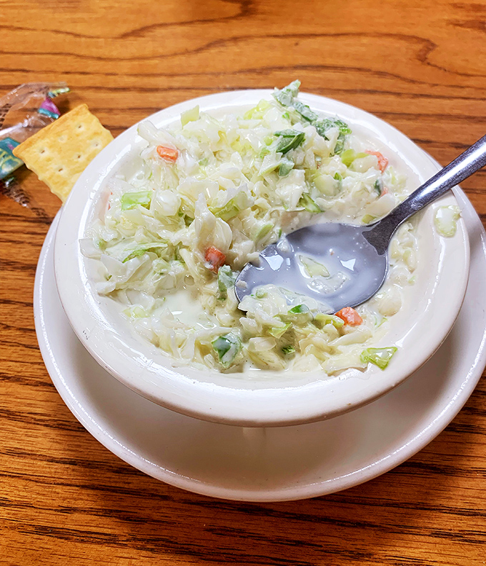 Cole slaw that actually deserves space on your plate rather than being pushed aside. Creamy, crunchy, and clearly made with care.