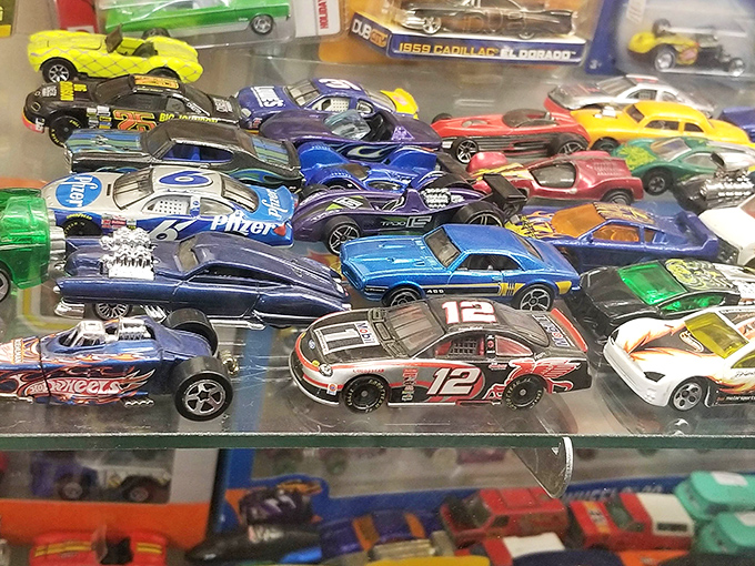 Miniature racing dreams line up like colorful memories, each tiny car carrying childhood wishes and joy.