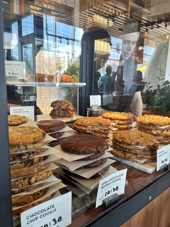Cookie diplomacy at its finest &ndash; where chocolate chip and dark chocolate truffle varieties negotiate peaceful coexistence behind glass.