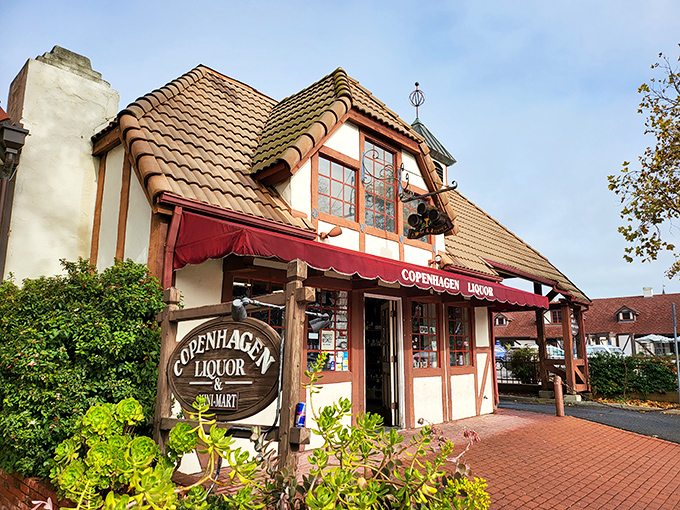 Copenhagen Liquor's timber-framed charm houses spirits to warm you on foggy California mornings. The building itself looks slightly tipsy with character.