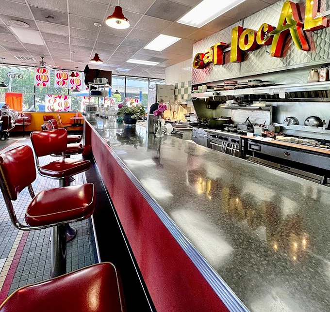 The gleaming counter invites you to pull up a stool and watch breakfast artistry in action &ndash; better than any cooking show on television.