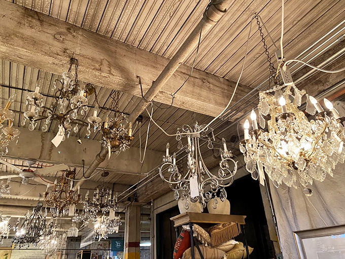 Chandeliers that once illuminated grand ballrooms now hang in democratic proximity, waiting to add drama to someone's dining room renovation project.
