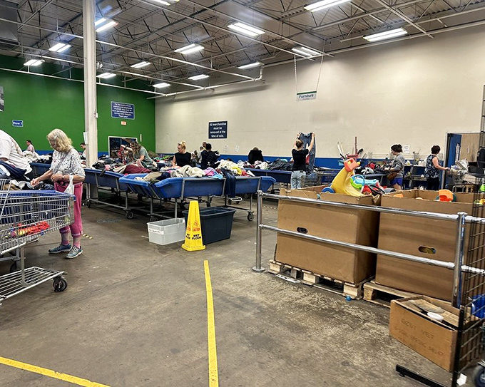 Fellow treasure hunters work the bins with archaeological precision, each searching for their perfect find.