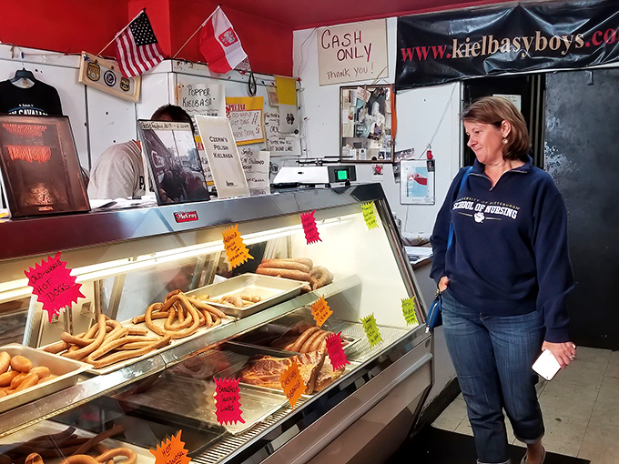 Shopping for kielbasa is serious business. The display case offers a museum-worthy collection of smoked meat masterpieces.