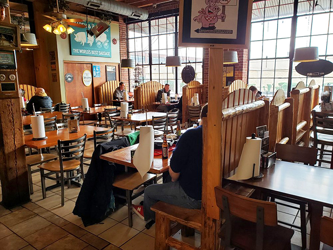 The wooden booths aren't just seating&mdash;they're front-row tickets to the greatest show on earth: your imminent food coma.