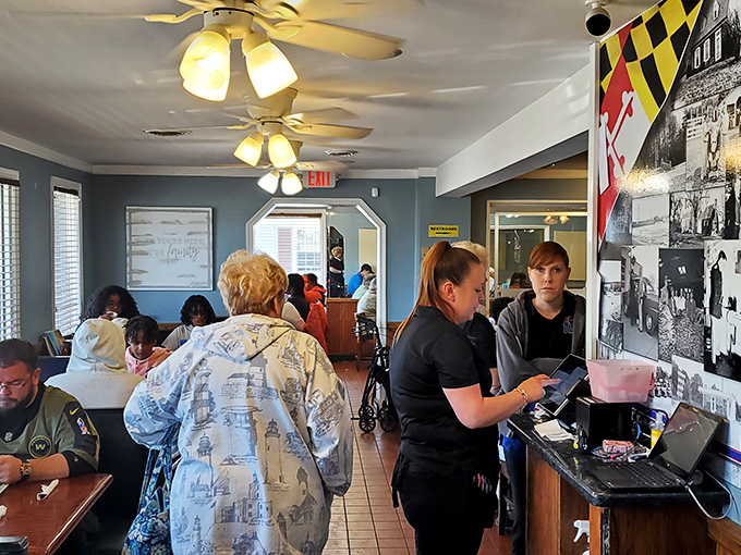 Marie's draws a diverse crowd united by the pursuit of exceptional diner food. The Maryland flag on display reminds you this is local flavor at its finest.