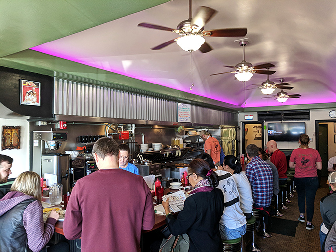 A busy morning at Stav's&mdash;where regulars and first-timers share counter space and the universal language of "pass the syrup, please."