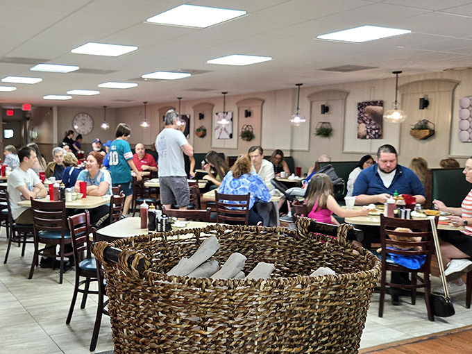 Weekend warriors gather for their breakfast battle plans. The wicker basket stands ready with reinforcement napkins for the delicious mess ahead.