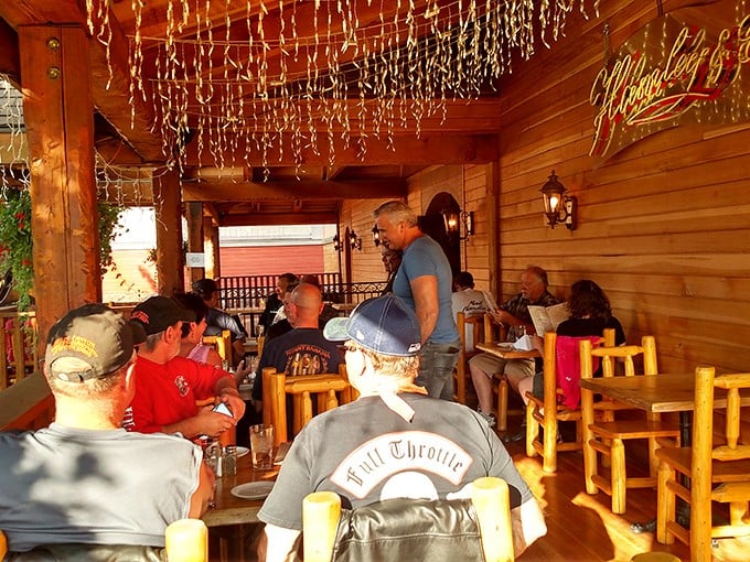 The outdoor porch &ndash; where cowboys, tourists, and locals gather under twinkling lights to swap tales and savor the evening.