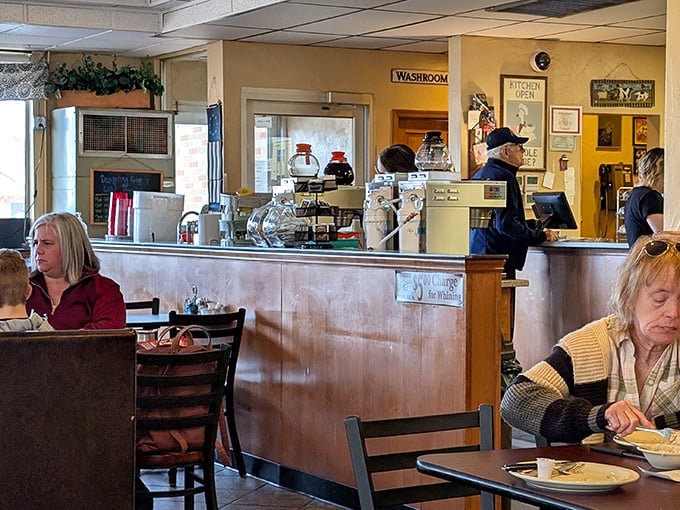 The counter area &ndash; where regulars perch, coffee flows freely, and the rhythm of small-town Wisconsin plays out daily.