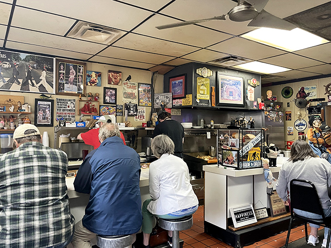 The wall decorations tell stories of local pride, pop culture, and decades of community. Every small town diner is also part museum, part time capsule.