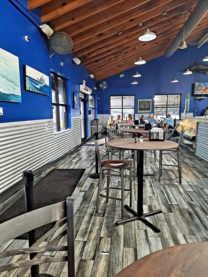Blue walls and weathered wood create the perfect backdrop for seafood storytelling. No designer needed when you've got the Atlantic as inspiration.