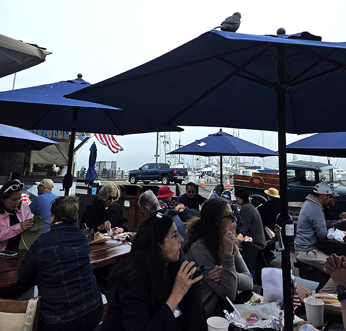 Happy diners under blue umbrellas - this is what waterfront dining dreams look like.