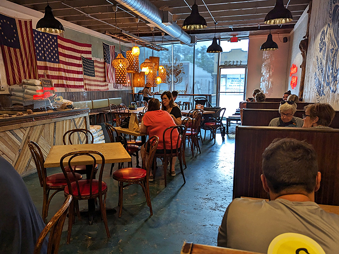 Where American flags meet basket lights and wooden tables. The setting for countless "this was worth the drive" conversations.