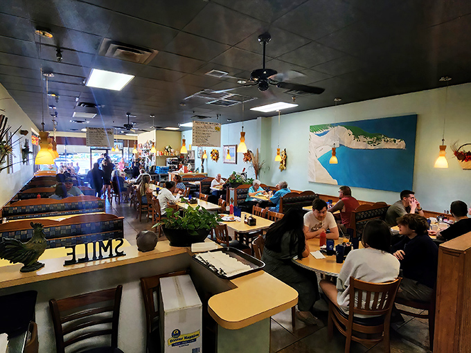 The dining room's map artwork reminds you that while you're grounded with breakfast, your imagination can still take flight.