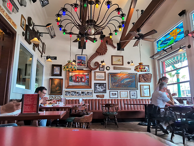 The walls aren't just decorated; they're curated with decades of coastal memories and maritime treasures. Seafood with a side of nostalgia.