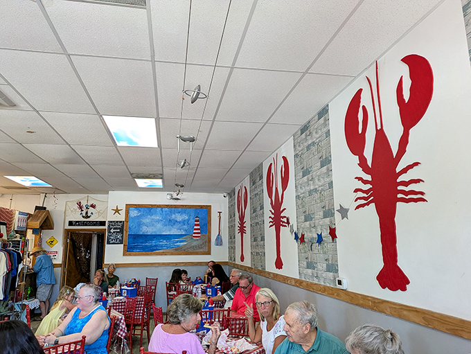 The dining room buzzes with the happy murmur of folks who've found their seafood happy place far from New England's shores.
