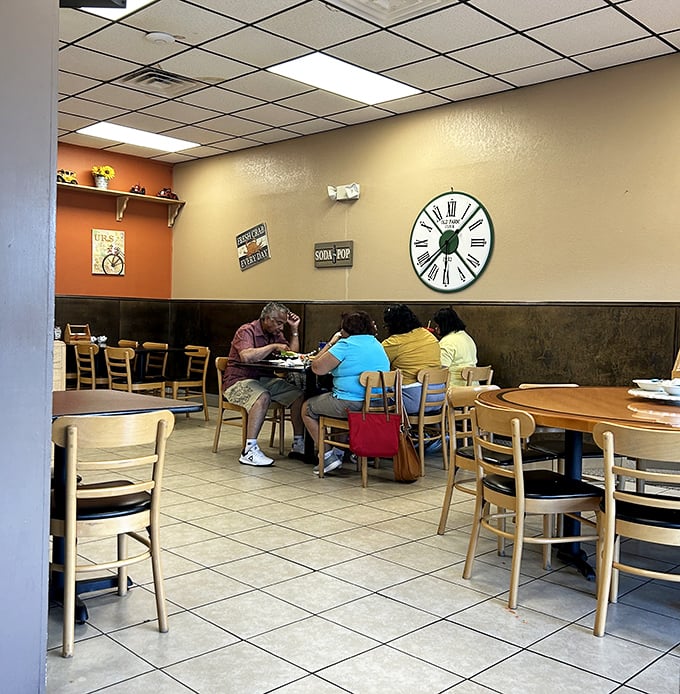 Simple wooden chairs, tile floors, and a wall clock that seems to slow down when you're enjoying your meal&mdash;diner time operates differently.
