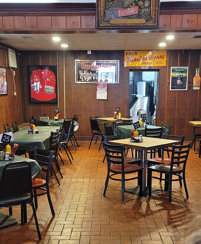 Tables numbered and ready for hungry patrons, the dining room waits with the quiet confidence of a place that knows exactly what it is.