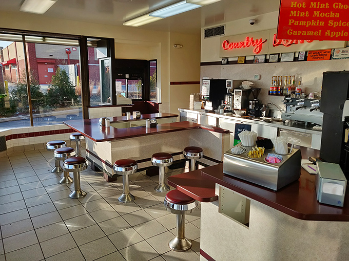 The diner counter—where strangers become neighbors and calories don't count if you're sitting on a swivel stool. Democracy in donut form.