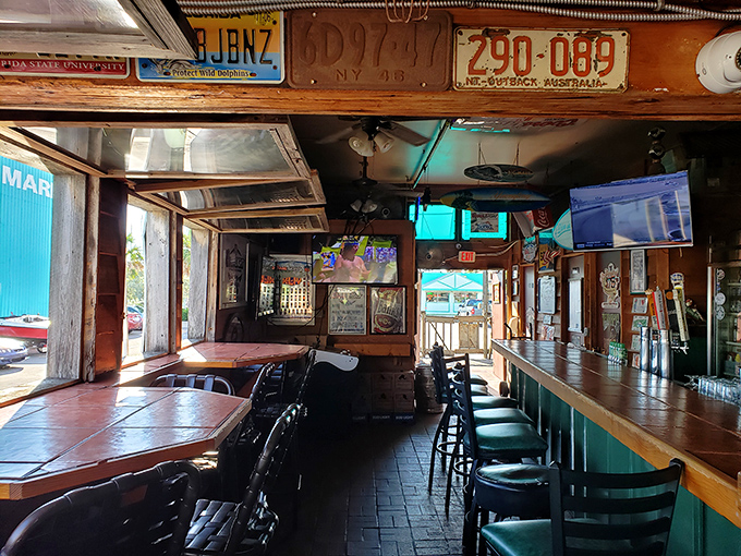 License plates and weathered wood tell you you're somewhere real, where locals drink and stories get better with each retelling.