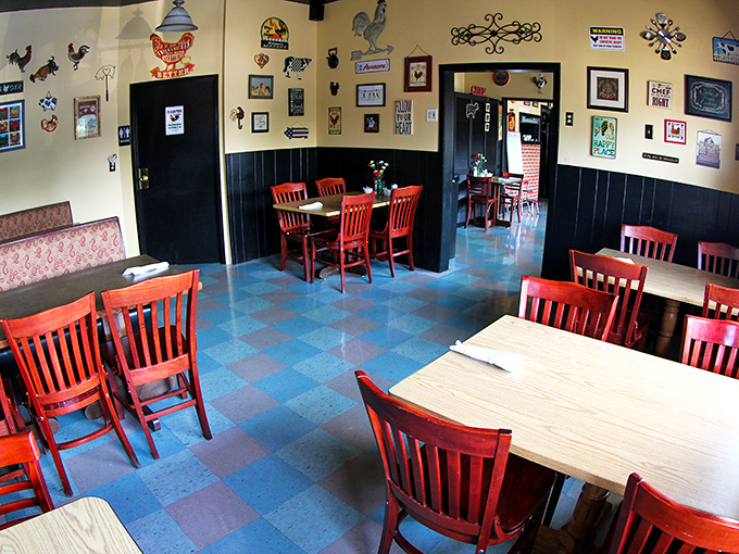 Red chairs against blue-checkered floors—this dining room doesn't just serve comfort food, it is comfort food for the soul.