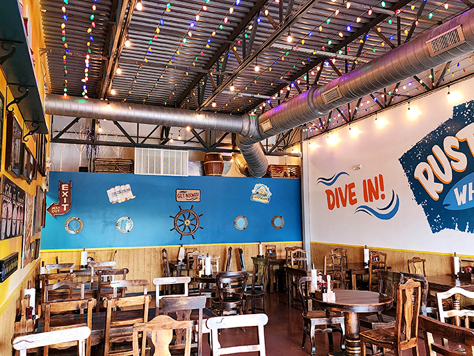 "Dive In!" proclaims the wall, and you'll want to do exactly that. The nautical-themed dining room feels like a cheerful port in a storm.