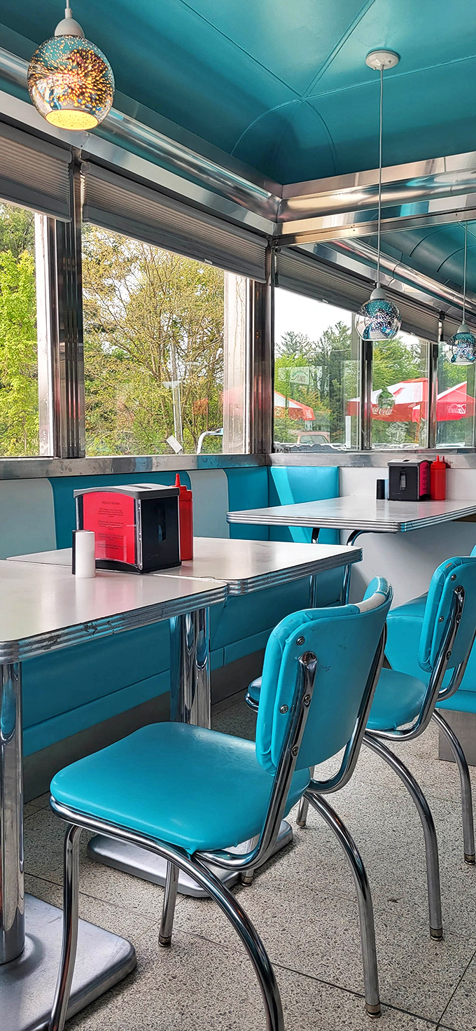 Turquoise chairs and chrome tables that would make your grandparents nod with approval. Mid-century design never tasted so good.