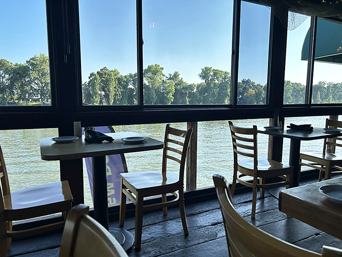 Every table with a view means no awkward "can we sit by the window?" conversations. The Sacramento River becomes your dining companion.