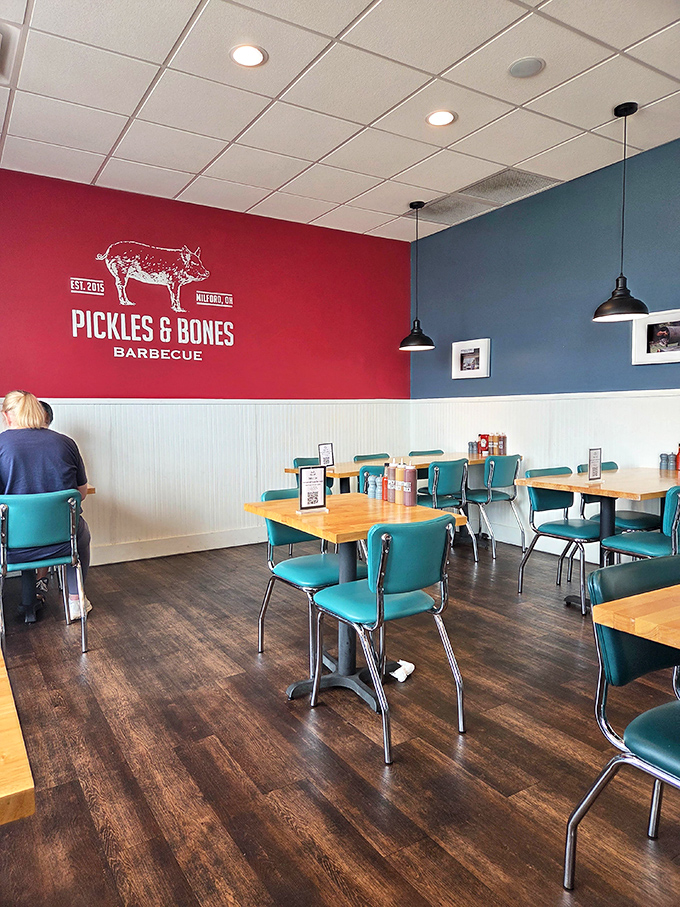 The dining room's clean lines and retro chairs create a timeless vibe. You half expect to see your grandparents enjoying barbecue here in their youth.