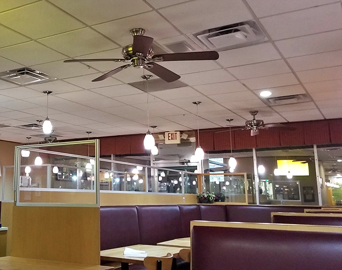 High ceilings, ceiling fans, and comfortable booths create the perfect environment for the serious business of enjoying oversized comfort food.