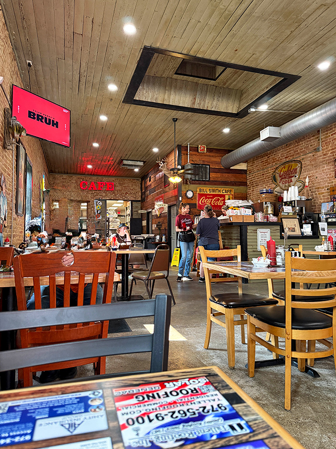 The dining room feels like it's been here forever, with ceiling fans that have witnessed countless family gatherings and morning-after stories.