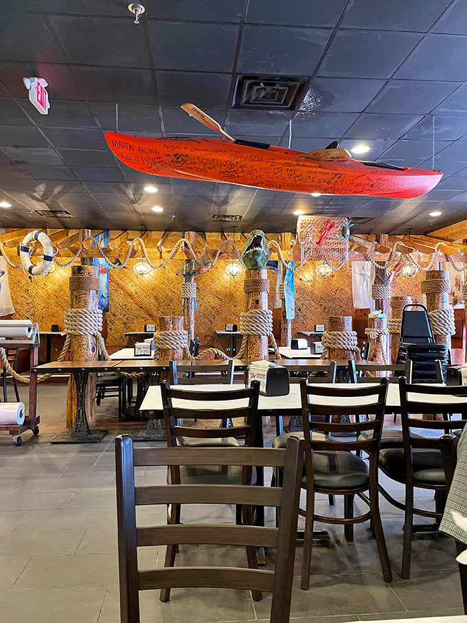 Look up! That's not just d&eacute;cor&mdash;it's a canoe hanging from the ceiling, proving that at Storming Crab, even the boats stay to enjoy the food.