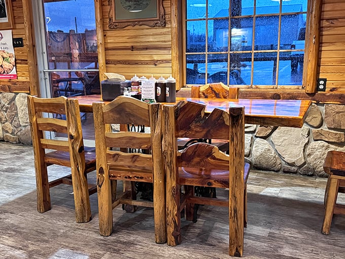 Rustic elegance at its finest. These handcrafted wooden tables tell stories of countless satisfied diners who came hungry and left happy.