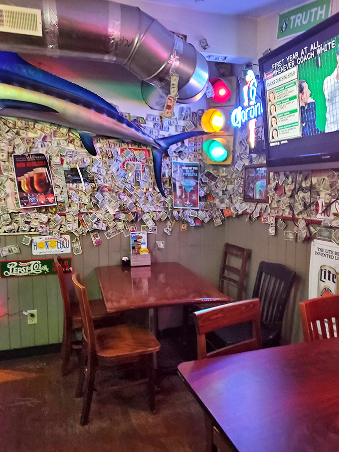 Where dollar bills and fishing memorabilia create the perfect dive bar atmosphere. That traffic light isn't directing cars &ndash; it's telling you to stop and eat.