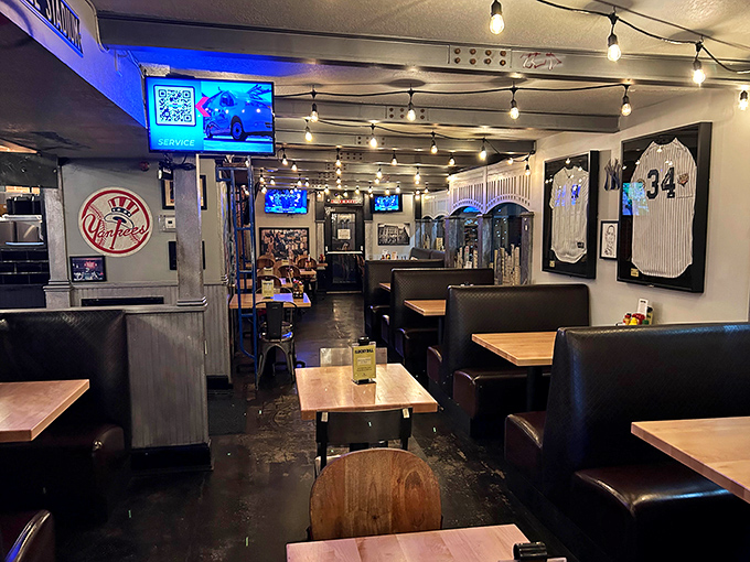 Baseball jerseys and string lights create that perfect "fancy enough for date night, casual enough for lunch" vibe.